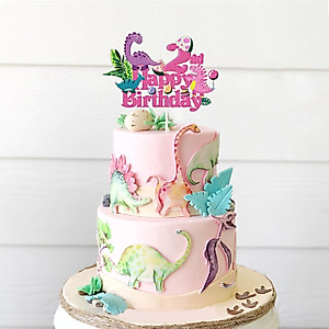 Pink Dinosaur Happy 2nd Birthday Cake Topper, Royal Princess Second Birthday Number 2 Girl Dinosaur Cake Pick,Dino Theme Baby Shower Kids Girls 2 Years Old Party Decorations