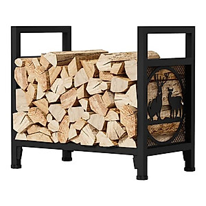 Timechee Firewood Log Rack Holder, Wrought Iron Fireplace Bin Log Rack with Adjustable Foot Pads, Heavy Duty Log Carrier Rack Storage Bin for Firepit Stove Indoor (Deer)