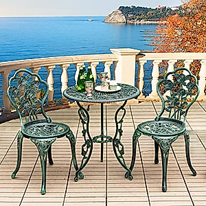 Tangkula 3 Pieces Patio Bistro Set, Outdoor Aluminium Patio Furniture Set, Outdoor Chairs and Table with Umbrella Hole, Patio Dining Set for Balcony Backyard Garden & Poolside (Green)