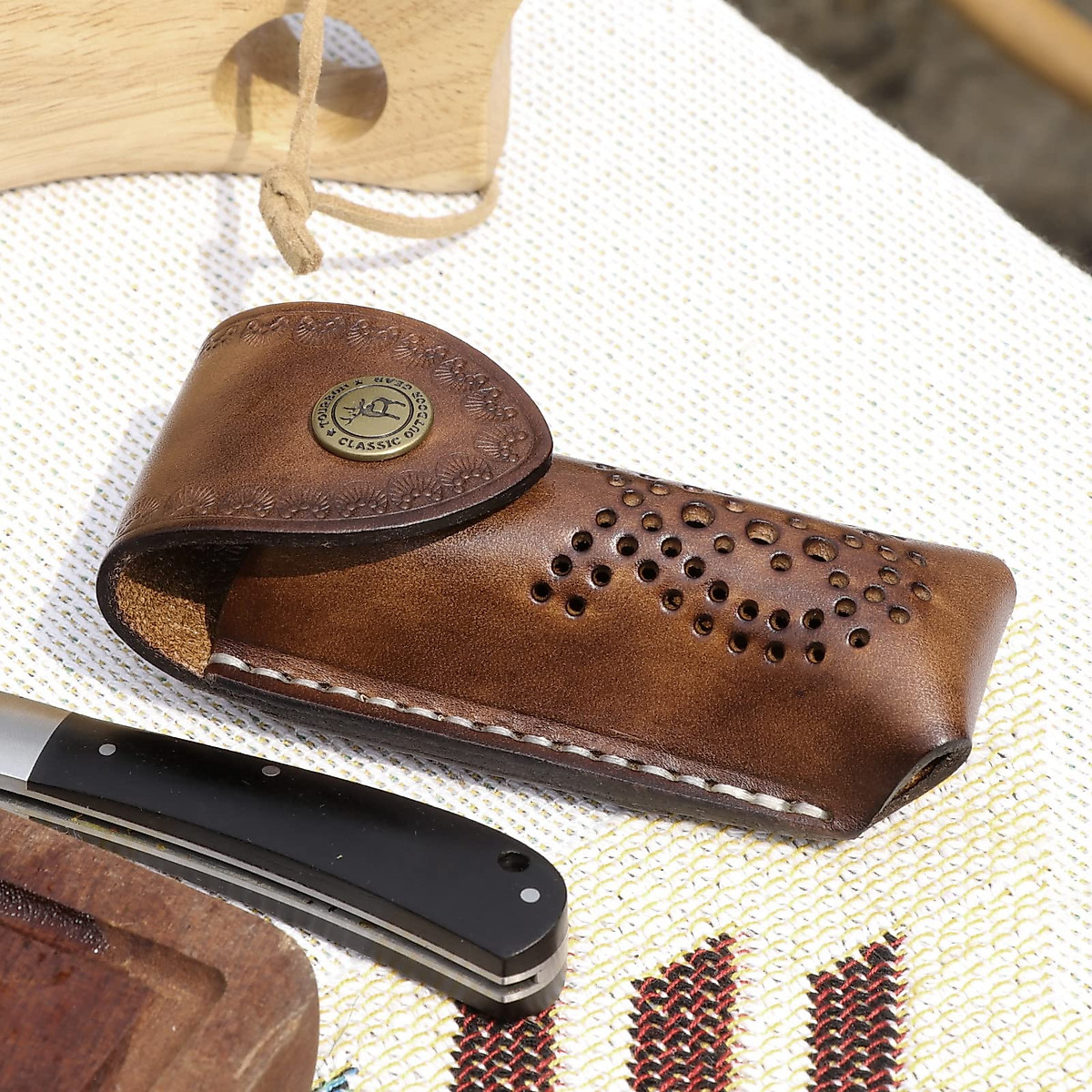 Tourbon EDC Leather Pocket Folding Knife Sheath Carrier Holster Flashlight Holder Case Wine Bottle Opener for Belt