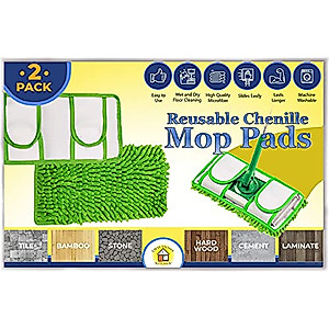 Reusable Chenille Mop Pads | Washable Pads for Standard Mop Heads | Swiffer Compatible Dry Mop for Dust, Pet Hair, and Light Spills | Washable Microfiber Mop Head Replacement - Set of 2