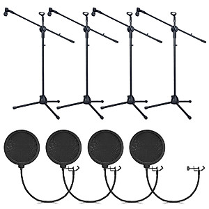 4 Pcs Tripod Microphone Stand Adjustable Boom Height Mic Stand with Mic Clip and Windscreen Collapsible Overhead Boom Stand for Live Stream, Singing, Stage Performance, Studio, Max Height 60 Inch
