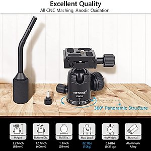 Ball Head with Handle All Metal CNC Panoramic Tripod Ball Head Camera Mount Ball Head with Two Quick Release Plates for Tripod, DSLR, Camcorder, Telescope，Max Load 22lbs/10kg（Black）