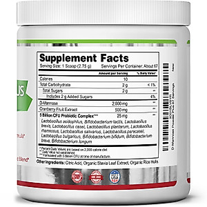 Zazzee D-Mannose Powder Plus, 2000 mg, 67 Servings, Potent & Fast-Acting, Plus 5 Billion CFU Probiotics and Pure Cranberry Juice Extract, Free Scoop, 6.5 Oz, Vegan, Gluten-Free, Non-GMO, All-Natural