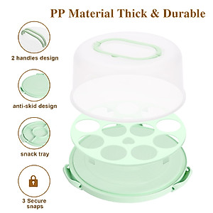 Cake Carrier with Lid and Handle, Cake Stand Cupcake Containers for 10 inch Cake with 2 Handles Cupcake Holder, 3 in 1 Transport Container Boxes for Cake Pie Muffin Pizza，Green Portable Cake Carriers