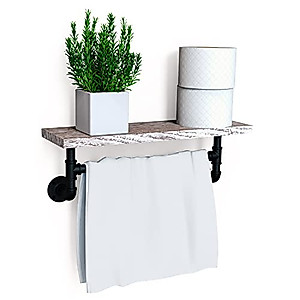 Industrial Bathroom Shelf w/ Pipe Towel Bar – Farmhouse Towel Rack Made of Paulownia Wood and Cast Iron, Pipe Rack in Black Matte – Wall Mount Hand Towel Holder for Rustic Décor w/ Single Wooden Shelf