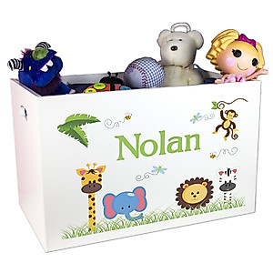 My Bambino Personalized Jungle Animals Toy Box for Children Custom White Wooden Safari Zoo Theme for Kids Bin Child Safe with No Lid Storage Playroom Nursery Kids