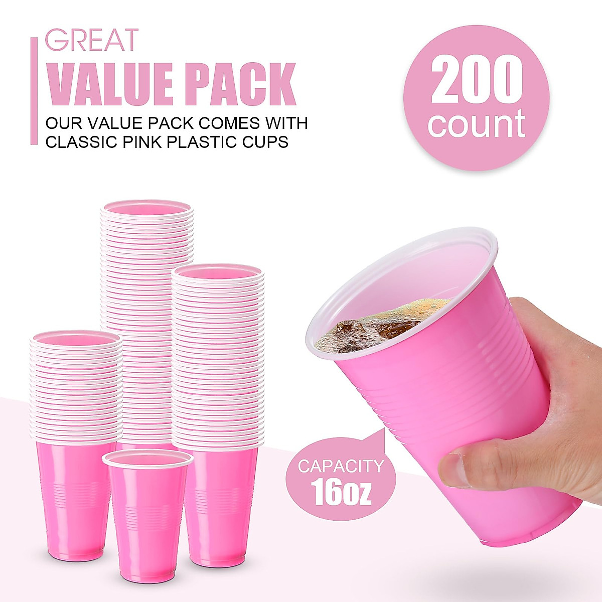 200 Count Pink Cups Plastic Disposable Bachelorette Party 16 Oz Hot Pink Small Cups Cocktail Cup Drinking Cup Bulk for Baby Shower Water Beverage Birthday Picnic Coffee Indoor Outdoor Events Supplies