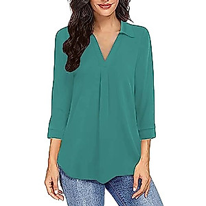 Trendy Tops for Women 2023 V-Neck Stripes Color Block Casual Lapel Tshirts 3/4 Length Sleeve Solid Loose Fit Blouse