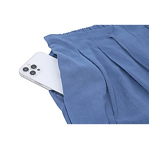 ebossy Women's Summer Drawstring Elastic Waist Cotton Linen Utility Beach Palazzo Pants Pockets (XL, Blue)