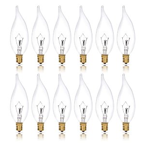 Simba Lighting Candelabra Flame Tip Clear CA10 25W E12 Base (12 Pack) Decorative Incandescent Light Bulbs 120V for Chandeliers, Ceiling Fan Lights, Pendants, Wall Sconces, Dimmable, Warm White 2700K