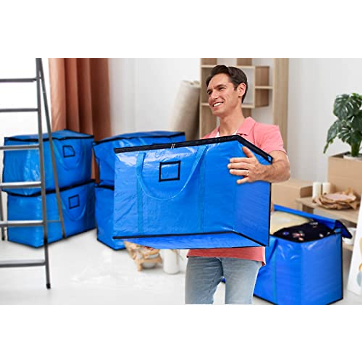 SLEEPING LAMB 110L Extra Large Moving Bags Heavy Duty Reusable Moving Totes Boxes Storage Containers for Clothes Comforters Blankets, Carrying, Travelling, College Dorm Packing, 4 Packs, Blue