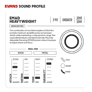 Evans EMAD System Pack, 22” (2pc) – Includes Batter Bass Drumhead and Resonant Drumhead -Externally Mounted Adjustable Damping System Allows Player to Adjust Attack and Focus Without Removing Drumhead