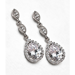 A+O Bridesmaid Gift, Teardrop Cubic Zirconia Crystal Earrings in Silver