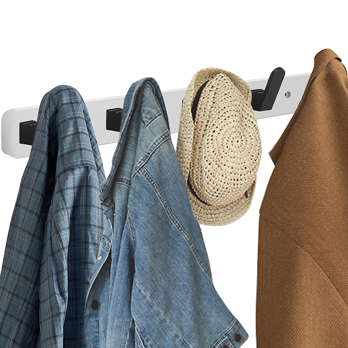 Coat Hooks Wall Mounted Coat Rack, 16.7'' Long, Entryway Hanging Coat Rack, White Wood Coat Rack with 5 Black Literary Rustic Hooks, Wooden Decorative Hooks Rail for Coat, Scarf, Bag, Towel, Hat