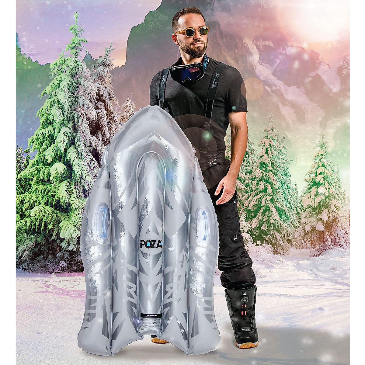 POZA Inflatable Silver Snow Boogie Sled – Luxurious Snow Sled with Handles and Filled with Silver Snowflake Confetti – Premium Heavy Duty Cold Resistant PVC Sled for Adults and Kids – 44 Inch