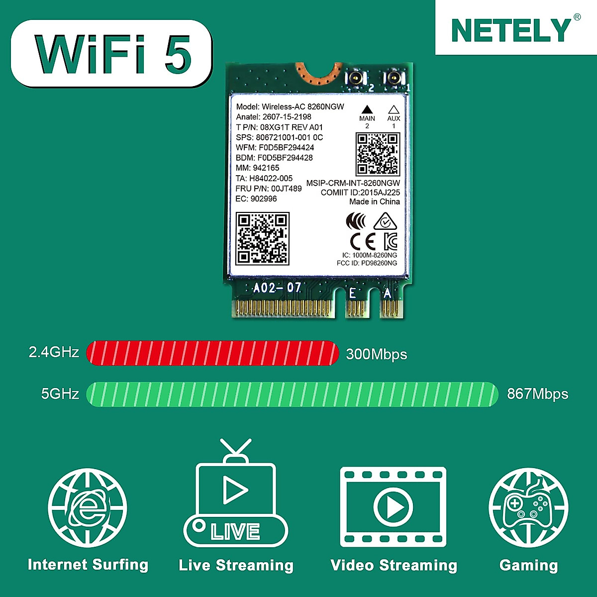 NETELY Wireless-AC 8260NGW NGFF M2 Interface 1200Mbps WiFi Adapter with Bluetooth 4.2, Intel Wireless-AC 8260NGW, Wireless-AC 2.4GHz 300Mbps & 5GHz 867Mbps WiFi Network Card (Wireless-AC 8260NGW)
