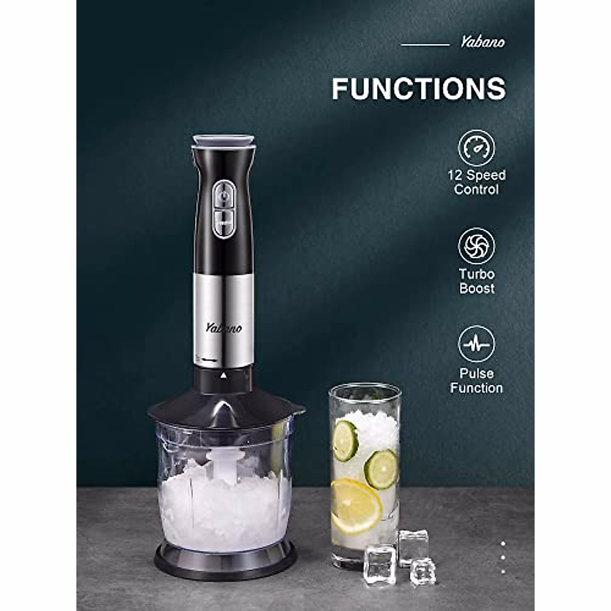 Hand Blender, Handheld Blender Electric, 5-in-1 Multifunctional Immersion Blender, 12 Speed and Turbo Mode, Stainless Steel Blade with Whisk, Chopper/Grinder Bowl and Beaker/Measuring Cup, by Yabano (4 in 1)
