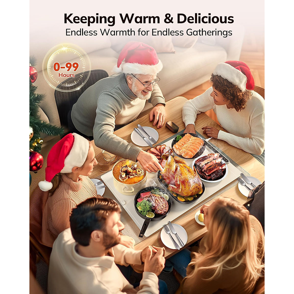 Electric Warming Tray with 7 Adjustable Temperature, Laudlife Foldable Food Warmer for Parties with Child Lock, Fast Heating Plate for Buffet, Family Gathering, Sabbath, Holiday, Countertop, Beige