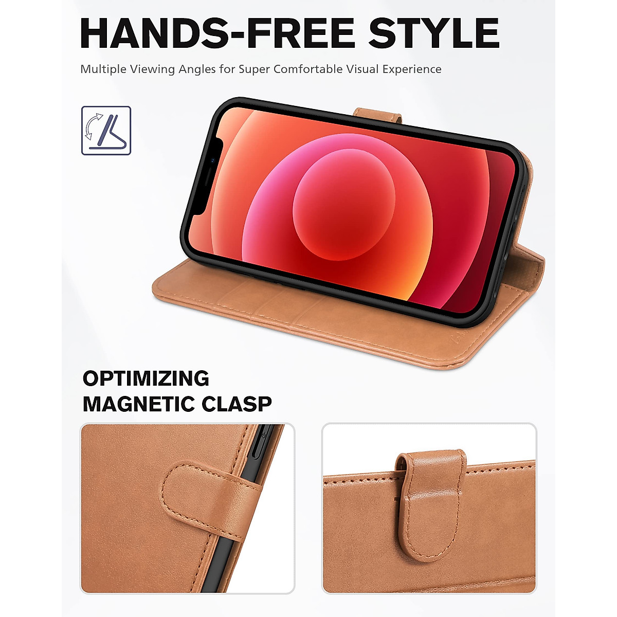 TUCCH Wallet Case for iPhone 12/iPhone 12 Pro 5G, Magnetic PU Leather Stand Flip Cover with TPU Protect Inner Shell, RFID Blocking Card Slot Compatible with iPhone 12/12 Pro 6.1-inch, Light Brown