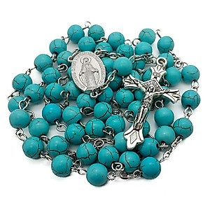 Nazareth Store Sky Blue Marble Stone Beads Rosary Turquoise Beaded Necklace Catholic Miraculous Medal & Jesus Cross