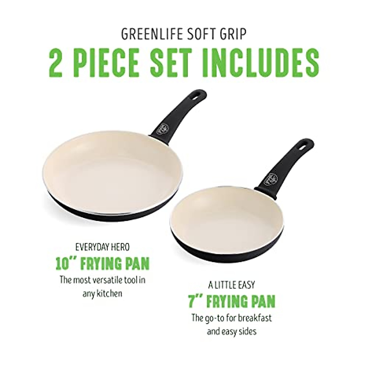 GreenLife Soft Grip Healthy Ceramic Nonstick 7" and 10" Frying Egg Omeltte Pan Skillet Set, PFAS-Free, Dishwasher Safe, Black and Cream