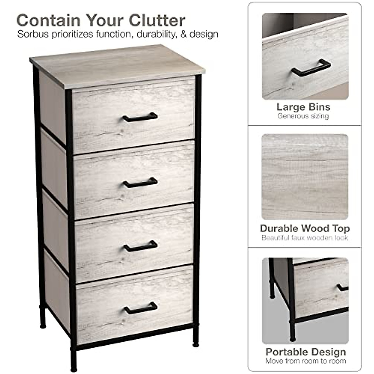 Sorbus Dresser with 4 Faux Wood Drawers - Tall Storage Unit Organizer Tower for Clothes - Bedroom, Hallway, Living Room, Closet, & Dorm Chest Furniture - Steel Frame, Wood Top, Easy Pull Fabric Bins
