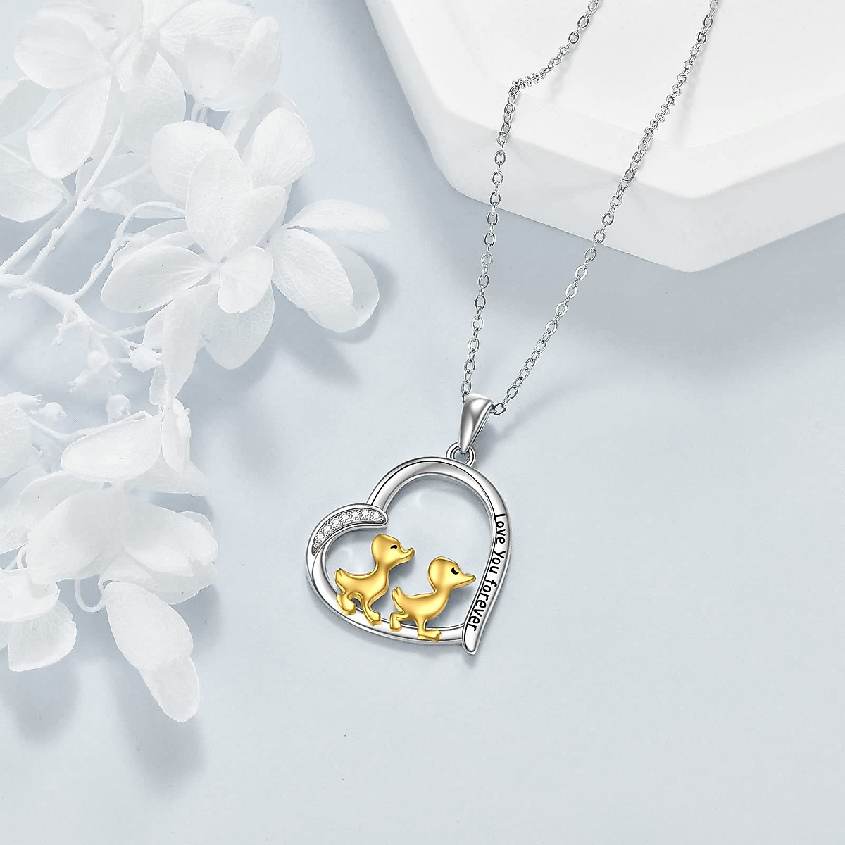 JERWLI Duck Gifts Necklace 925 Sterling Silver Duck Pendant Necklace Heart Duck Jewelry for Women Duck Lovers Gifts