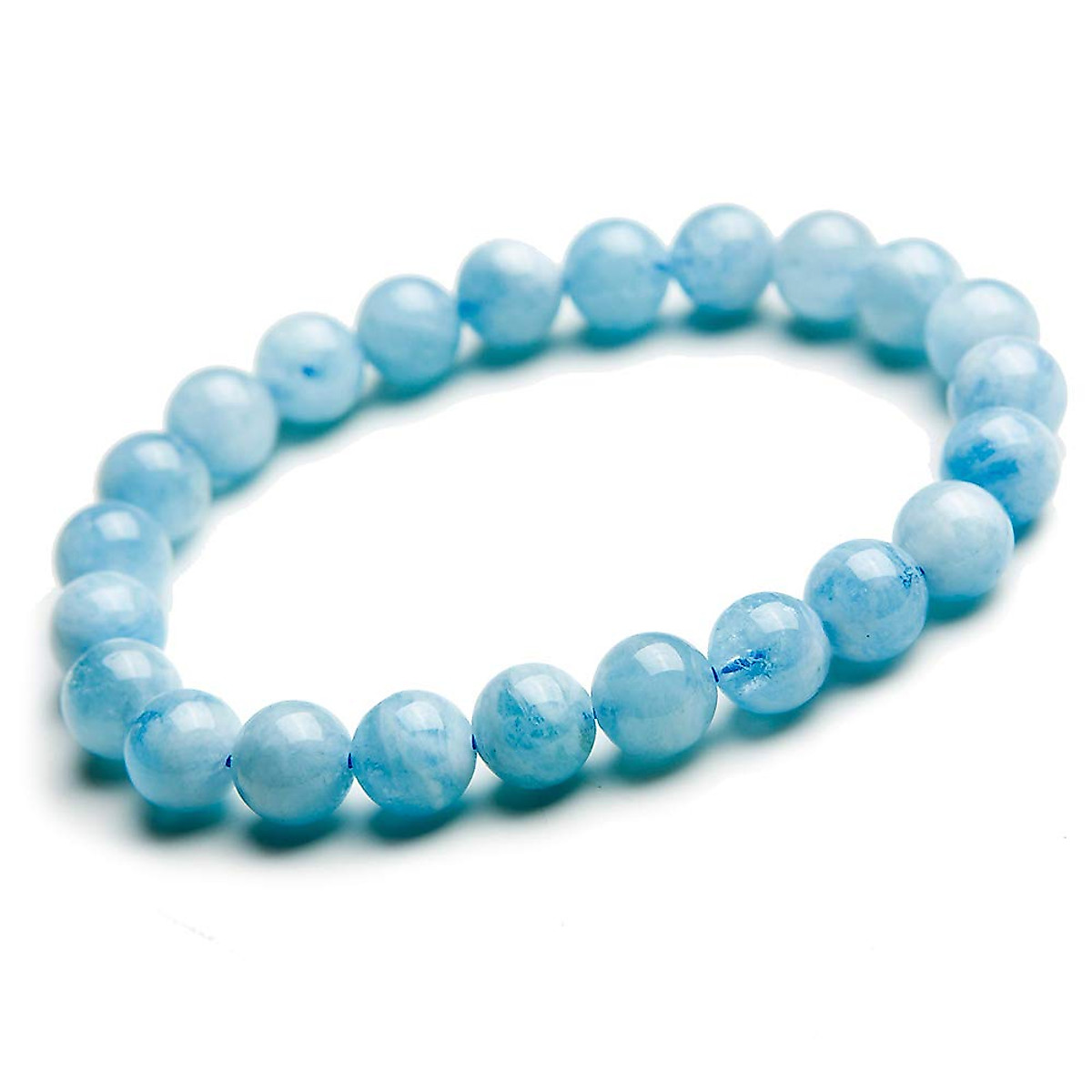 Muko Gemstone Genuine Natural Blue Aquamarine Clear Crystal Stretch Round Bead Bracelet 8mm for Women Men AAAA