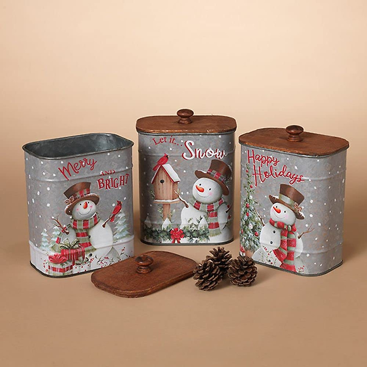 GERSON Holiday Decorative Container - 3 Assorted Snowmen Design Galvanized Metal Containers With Wood Lids - 7.25 Inch Tall