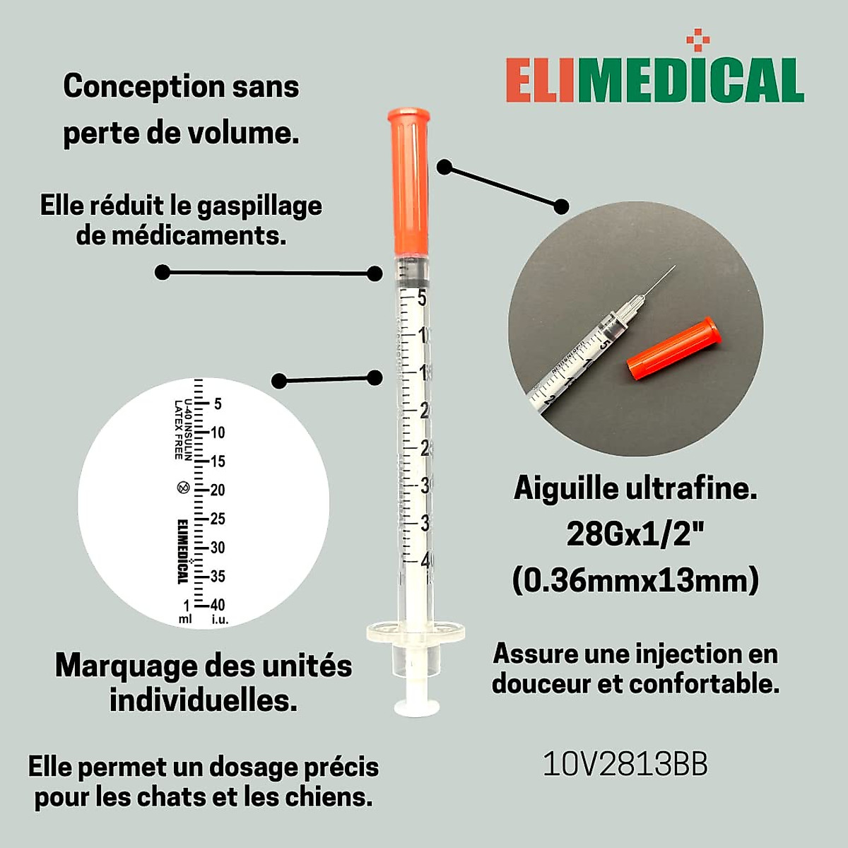 Elimedical Veterinary Syringe U-40 1ml 28G x 1/2" 30pcs/box 10V2813B