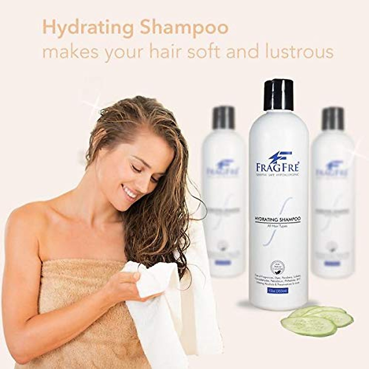 FRAGFRE Hydrating Sensitive Skin Shampoo 12 oz - Sulfate-Free, Fragrance-Free, Paraben-Free, Color-Safe, Hypoallergenic, Mild Hair Cleanser - Gluten-Free, Vegan, Cruelty-Free, With Natural Cucumber