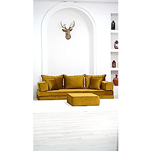 Gold Velvet Fabric Floor Seating, Sectional Sofa, Velvet Floor Sofa, Meditation Sofa, Arabic Floor Sofa Set, Floor Couches (Sofa + Ottoman, 8'' Thickness Sofa)