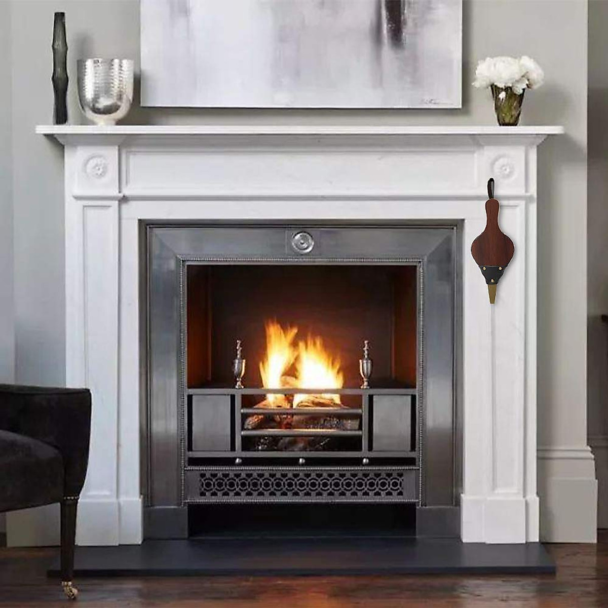 Fireplace Bellows Large 15.5” x 6.7” Indoor Brown Wood Air Blower for Barbecue, Camping BBQ Grill Chimney Outdoor with Hanging Strap Cast Nozzle