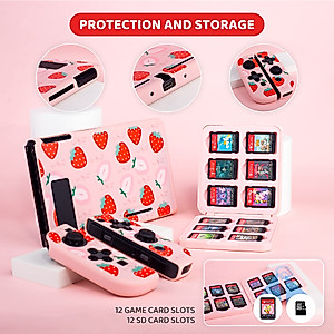 RHOTALL Cute Strawberry Carrying Case for Nintendo Switch, Hard Portable Travel Case for Switch Accessories with Protective Shell, Shoulder Strap, Game Card Case, Screen Protector and 2 Thumb Caps