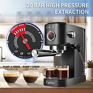CYETUS Espresso Machine 20 Bar with Milk Frother Steam Wand, Compact Small Coffee Machine for Home, Pressure Gauge, Barista Espresso Maker Latte Cappuccino, Stainless Steel, Black