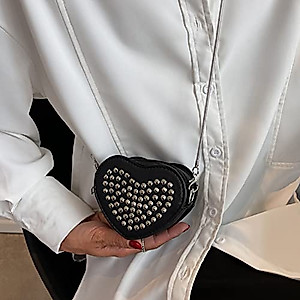 Cute Heart Shaped Mini Crossbody Bags for Women Girls Small Round Purse PU Leather Mini Shoulder Bag with Bling Rivets & Chain Strap (Black,Heart Shaped)