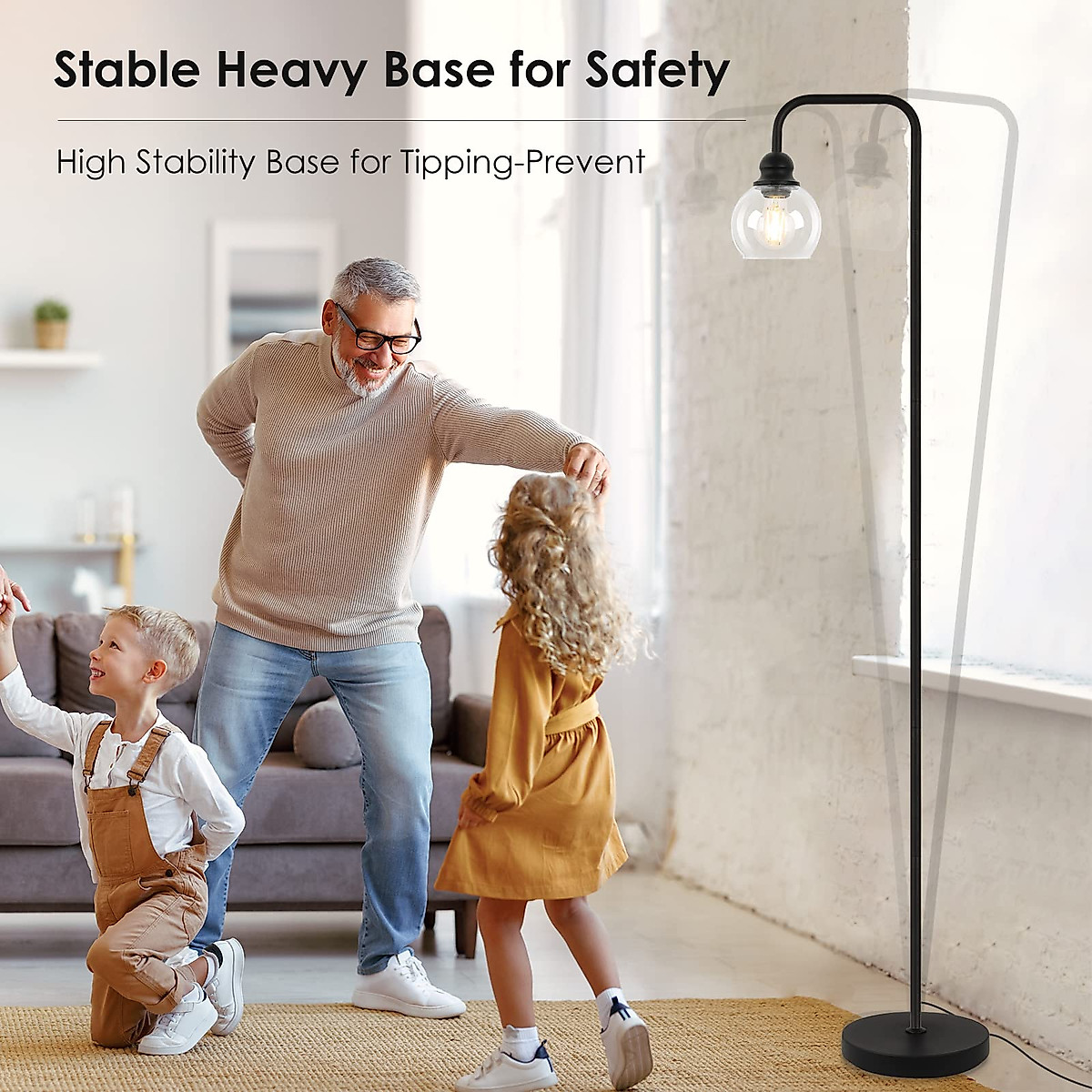 Modern LED Floor Lamp, Industrial Floor Lamps with Hanging Clear Glass Shade, Black Classic Reading Tall Lamp for Office, Standing Lamps for Living Room Study Room Bedroom Farmhouse(Bulb Incl.)