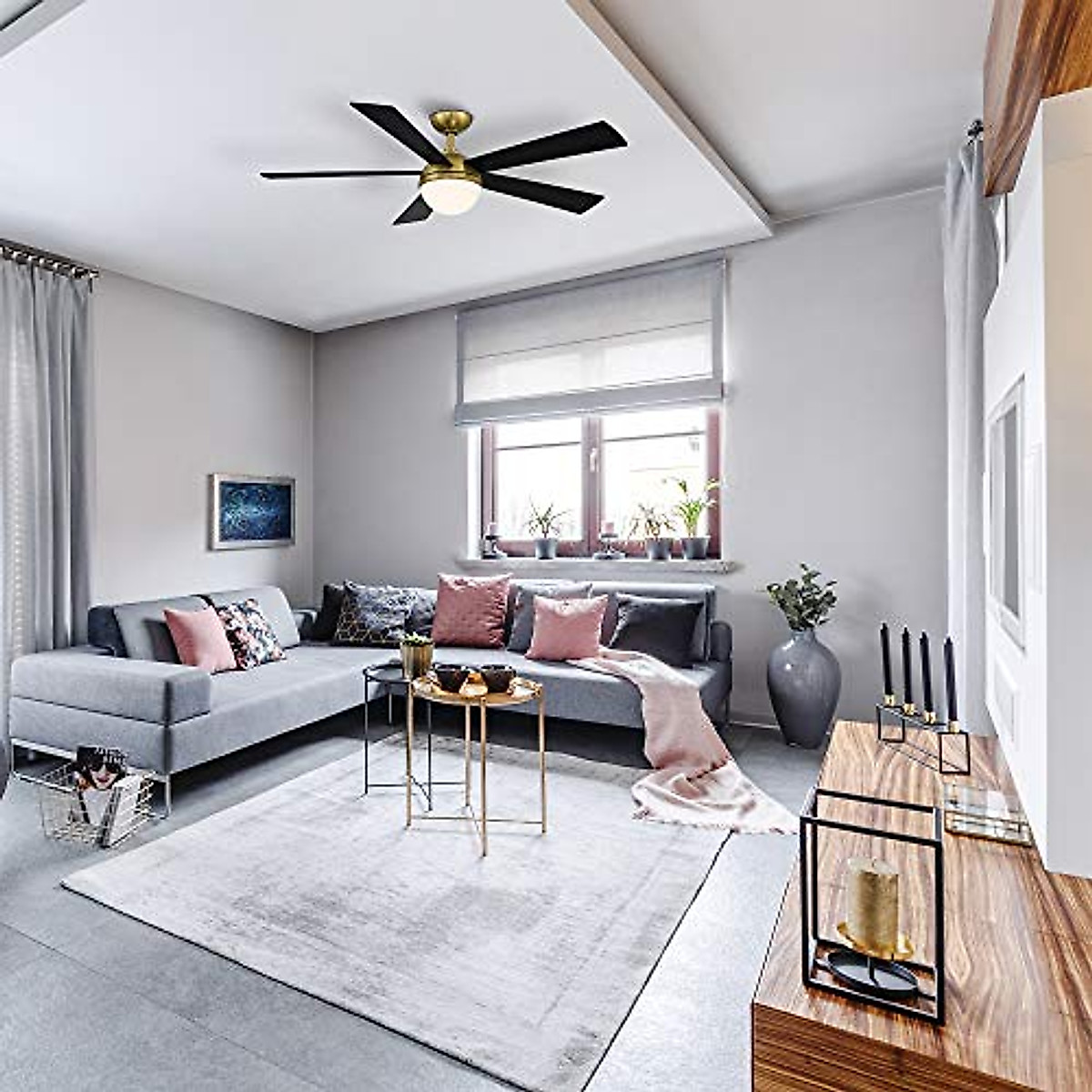 WAC Smart Fans Eclipse Indoor and Outdoor 5-Blade Ceiling Fan 54in Satin Brass Matte Black with 3000K LED Light Kit and Remote Control works with Alexa and iOS or Android App