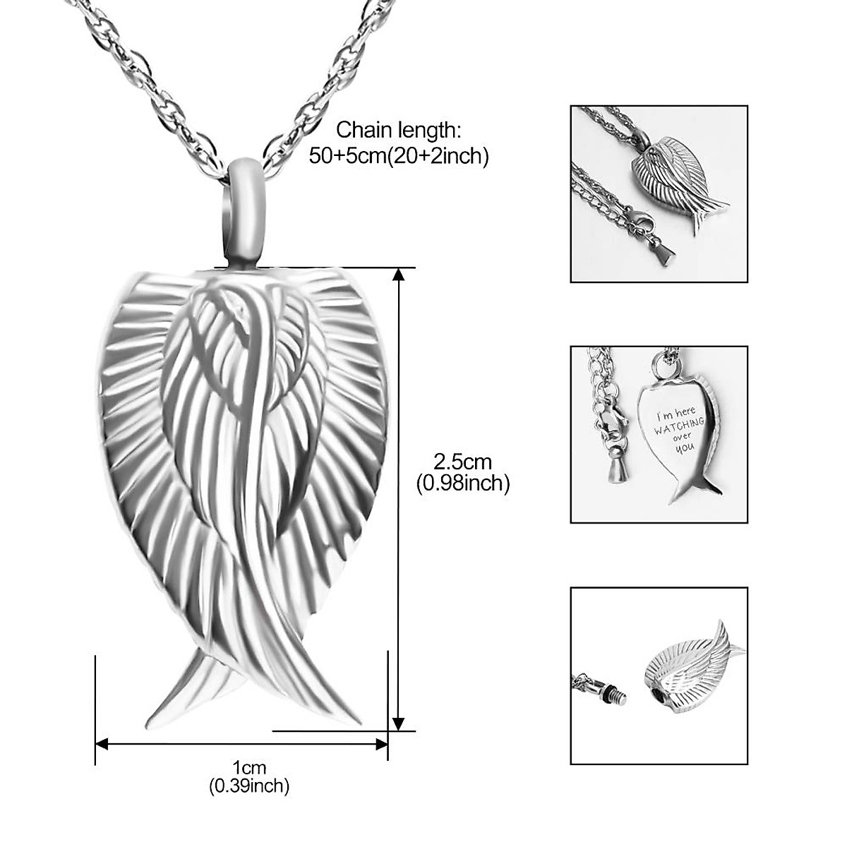 Angel Wing Cremation Necklace for Ashes Stainless Steel Urn Pendant Ashes Holder Memorial Jewelry-I’m Here WATCHING Over You
