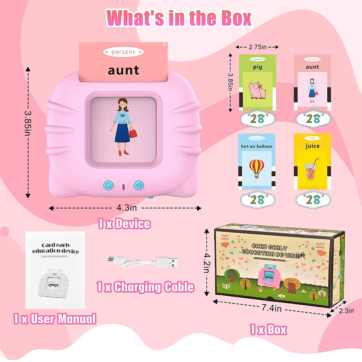 FISHOAKY Talking Flash Cards Educational Toys for 2 3 4 5 6 Year Old Boys Girls, Learning Toys, 112 Audible Baby Flash Cards 224 Words, Preschool Learning Toys Birthday Gift for Kids, Pink