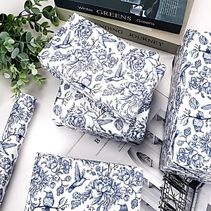 1 Roll Blue Floral Bird Wrapping Paper Mini Roll 17in x 32.8Ft Blue White Flowers Bird Pattern Gift Wrap Paper Vantege Floral Paper for Birthday Wedding Baby Shower Party Wrapping Supplies