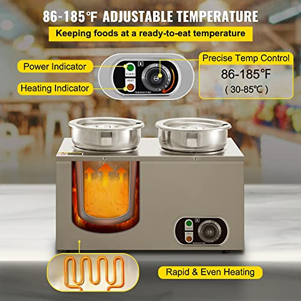 VEVOR 110V Commercial Food Warmer 8.4 Qt Capacity, 500W Electric Soup Warmer Adjustable Temp.86-185℉, Stainless Steel Countertop Soup Pot with Tap, Bain Marie Food Warmer for Cheese/Hot Dog/Rice