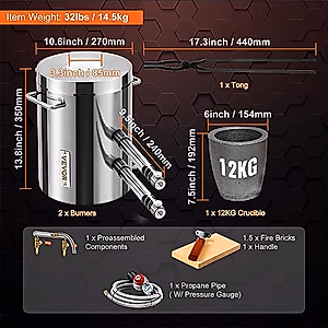 VEVOR Stainless Steel Blacksmithing Forge Propane Melting Furnace Kit, Stainless 12KG, Silver