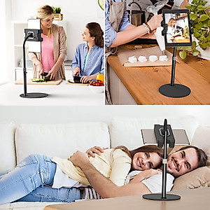 iPad Tripod Stand, Mount Foldable Floor Tripod for iPad, Height Adjustable 360 Degrees Rotating 7 to 12 Inch Tablets Perfect for Facetime, Video, Zoom, Phone Holder, Bluetooth Remote Control