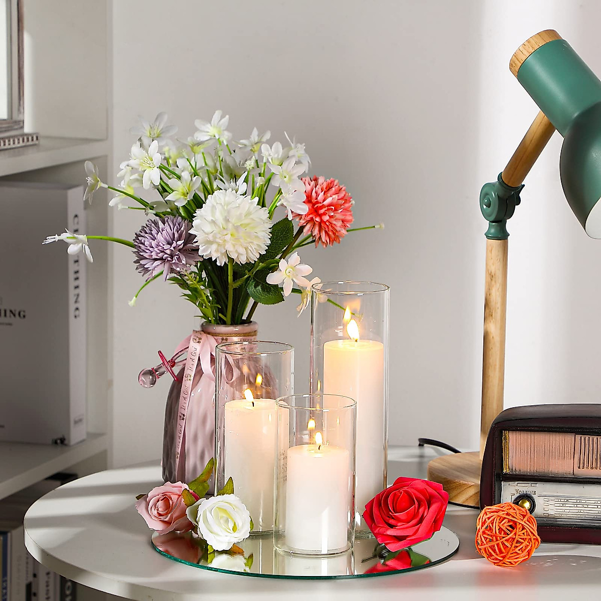 Shihanee Set of 12 Pillar Candles and Glass Cylinder Vases Clear Cylinder Candle Holders for Slim Pillar Candles Wedding Centerpieces (White, 2.6'' X 4.7'', 5.9'', 7.9'')