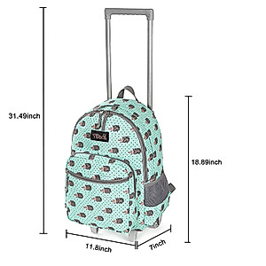 Tilami Rolling Backpack 18 inch Double Handle with Lunch Bag Wheeled Kids Backpack for Girls and Boys, Hedgehog Green