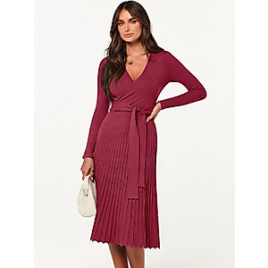 ANRABESS Women's 2024 Long Sleeve Sweater Dress Wrap V Neck Pleated Ribbed Knit A Line Belted Tie Waist Midi Dress Wine Red Medium