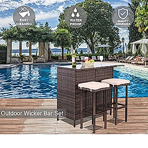 Polar Aurora 3PCS Patio Bar Set with Stools and Glass Top Table Patio Wicker Outdoor Furniture with Beige Removable Cushions for Backyards, Porches, Gardens or Poolside
