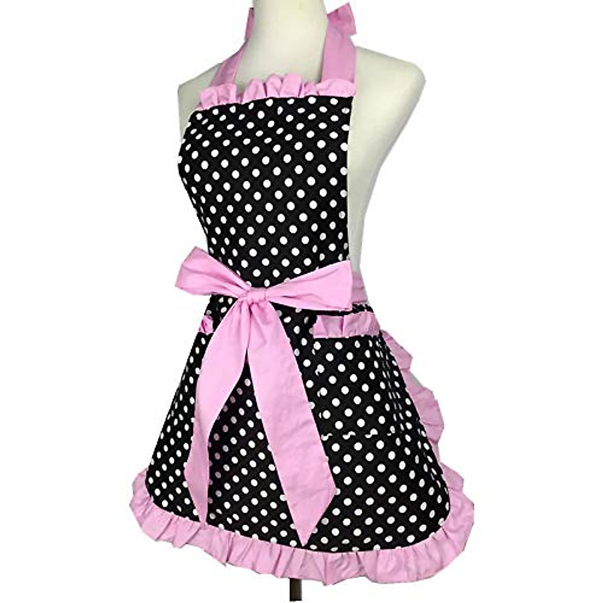 Hyzrz Cute Apron Retro Black Polka Dot Retro Ruffle Side Vintage Cooking Aprons with Pockets for Women Girls (Side Pink)